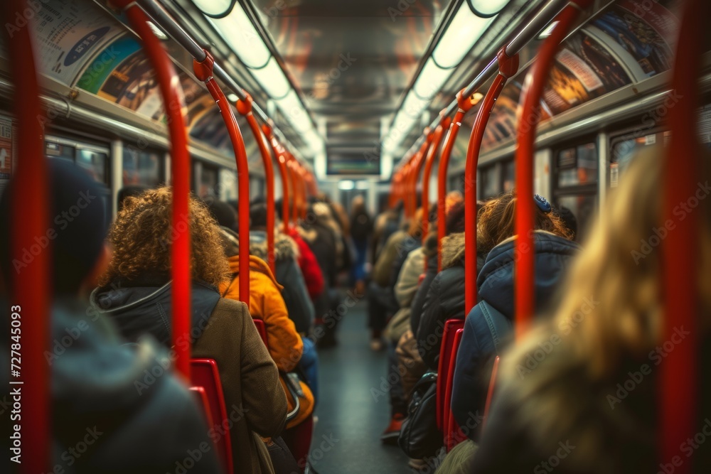 Interior of a metro carriage filled with commuters, captured in a warm ...