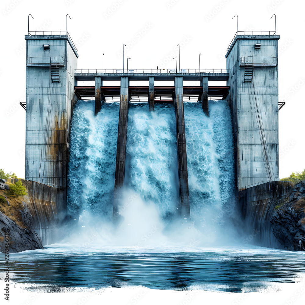 Hydroelectric dam generating power from flowing water isolated on white ...