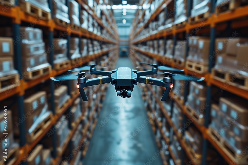 drones flying over aisles in a warehouse, scanning barcodes for inventory management. Stock ...