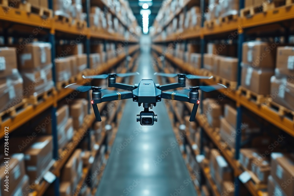drones flying over aisles in a warehouse, scanning barcodes for inventory management. Stock ...
