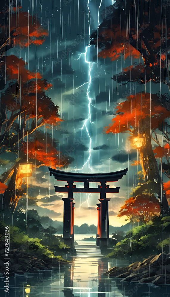 Colorful Epic Rainy Torii Gate Japanese Landscape with Rain Forest and ...