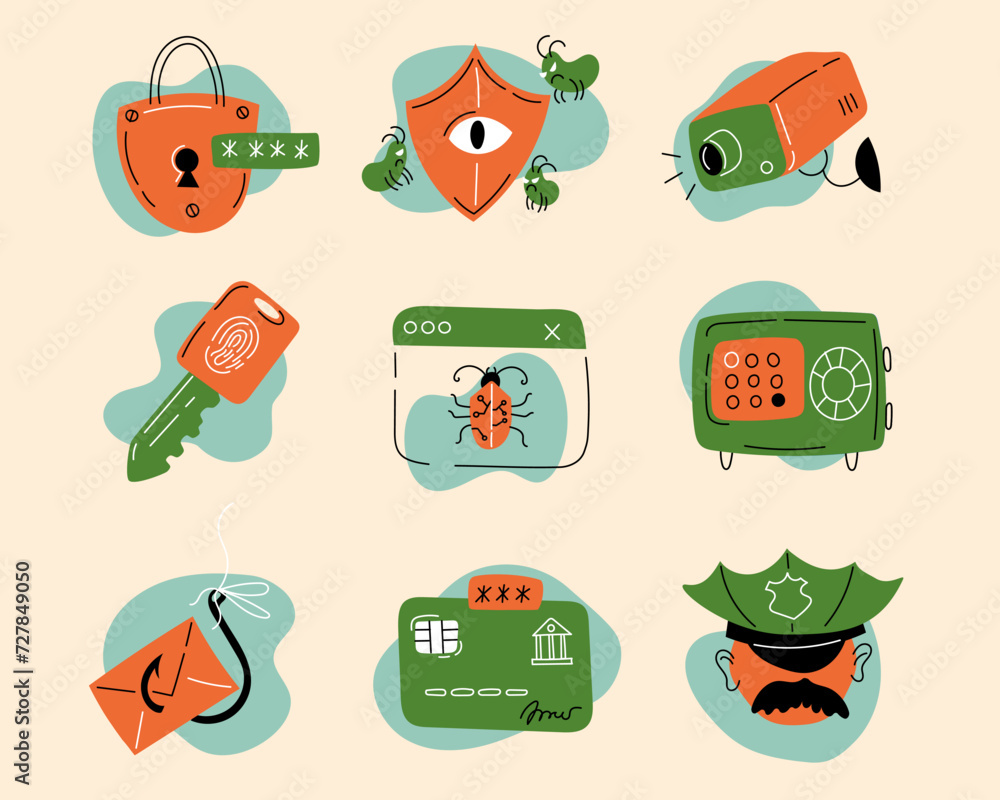 Vector set of security hand drawn icons. Bundle of cyber security icons ...