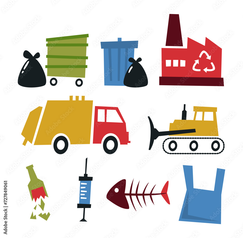 Garbage types set. Bins, bags, factory, truck, bulldozer, garbage types ...