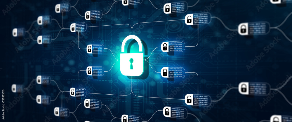 Blockchain technology with diagram of chain and encrypted blocks on abstract background. Ledger ...