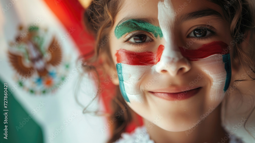 girl about 10 years old, the Mexican flag is painted on her cheeks, the ...