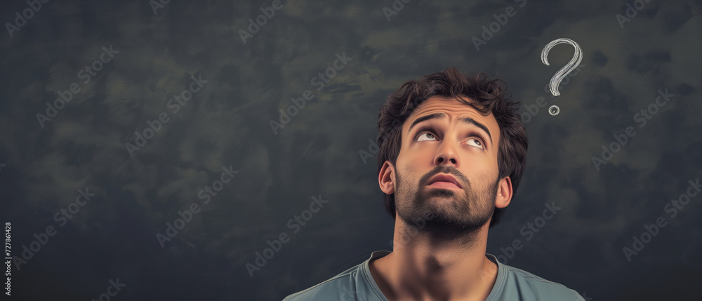 Contemplative Young Man Looking Upwards at a Question Mark, Symbolizing ...