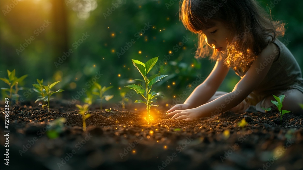 Harbinger of Hope: Child Planting a Tree bathed in Soft Natural Light ...