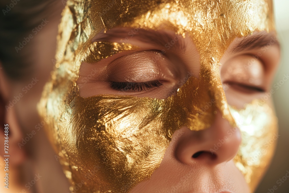 Luxurious Gold Leaf Facial Treatment on a Woman's Face - Ideal for Spa ...