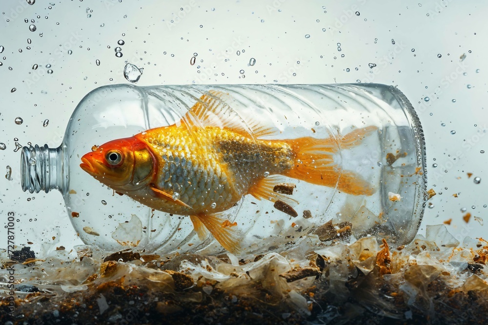 Fish Swimming inside Water Bottle with Dirty Water Full of Plastic ...