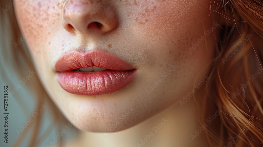 A close-up of the lips of a young girl in red lipstick. There are large ...