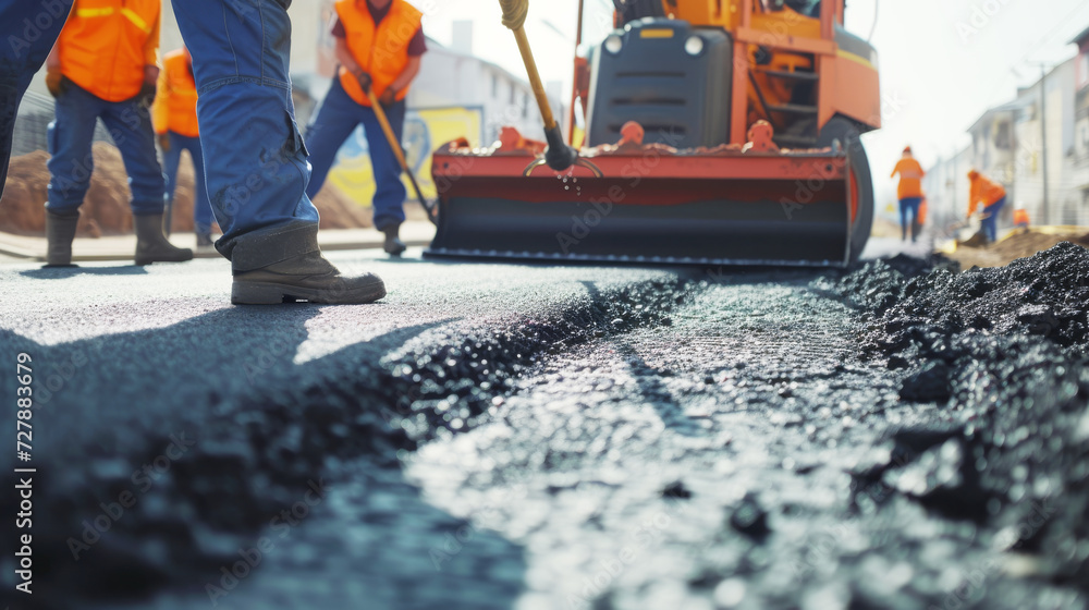 Road construction workers' teamwork, tarmac laying works at a road ...