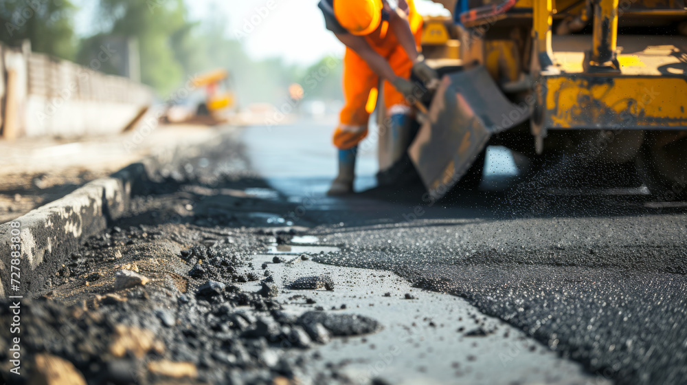 Foto de Road construction workers' teamwork, tarmac laying works at a ...