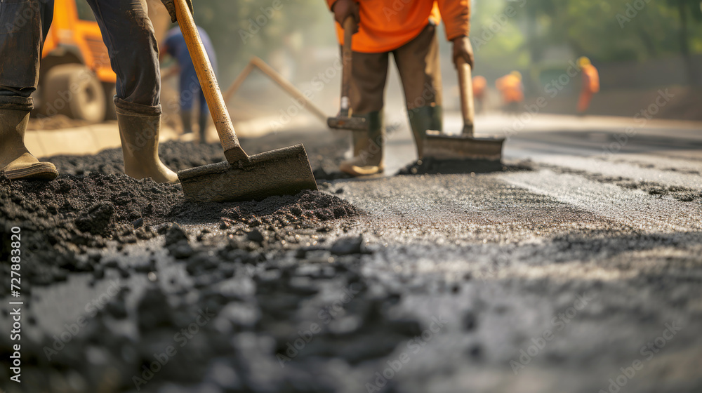 Road construction workers' teamwork, tarmac laying works at a road ...