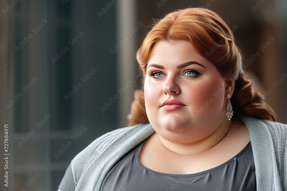 Young beautiful happy red haired plus size model in dress, xxl woman ...