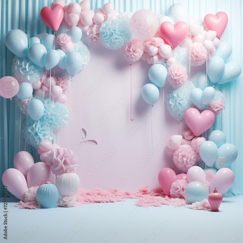 Backdrop background in baby pink and baby blue colors, with balloons ...