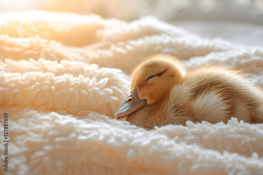 cute little duck sleeping on a pillow, warm soft bed. yellow duckling ...