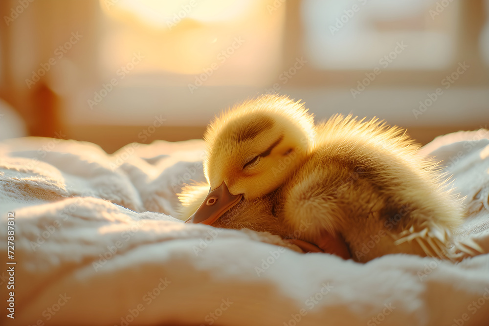 cute little duck sleeping on a pillow, warm soft bed. yellow duckling ...