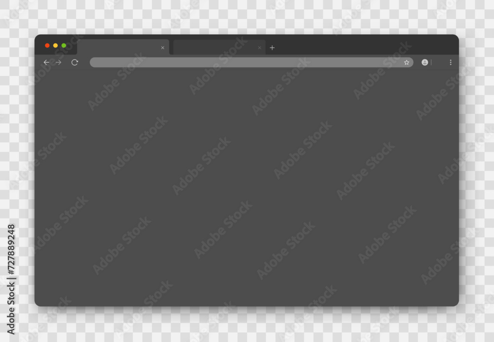 An empty gray browser window on a transparent background. Website layout with search bar ...