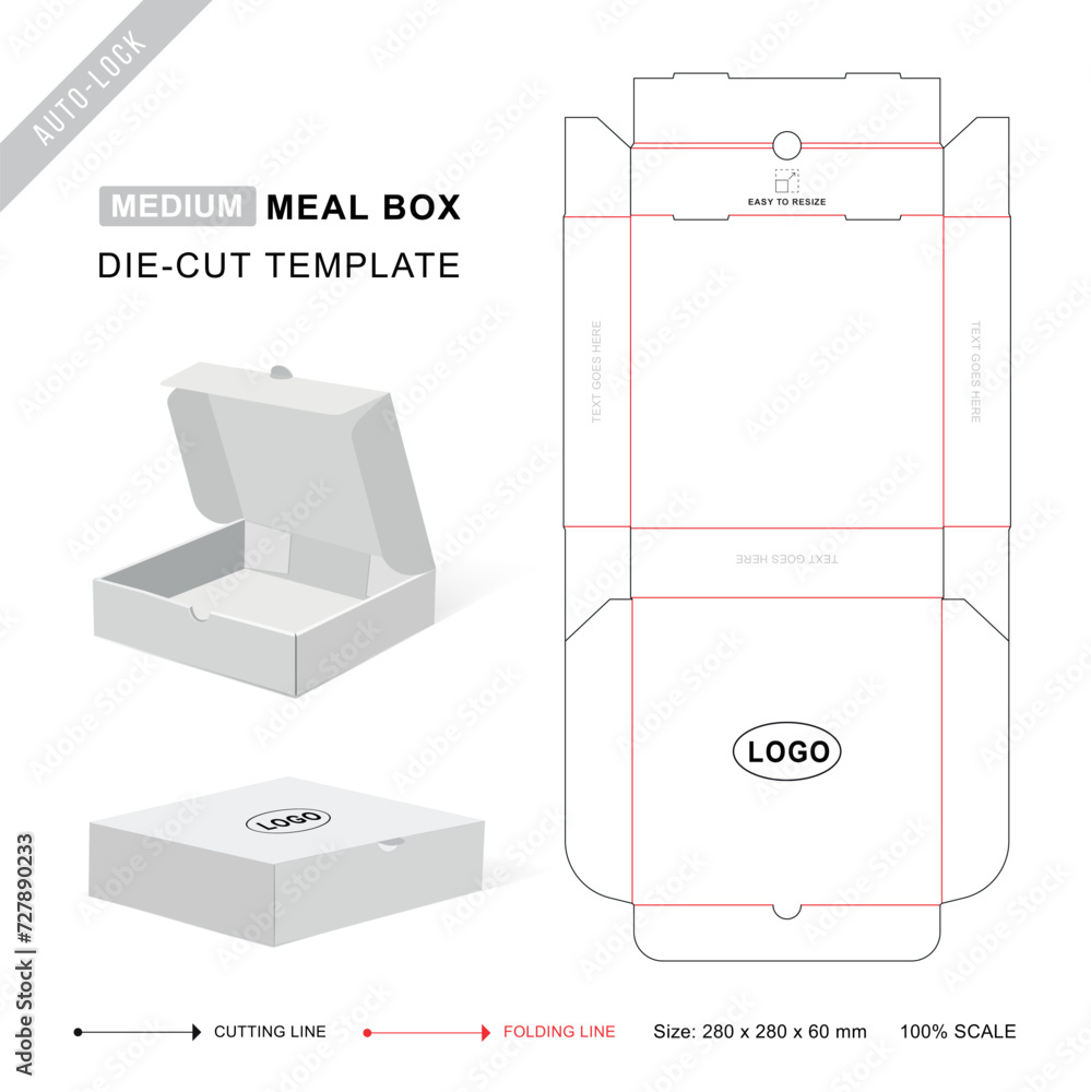 Meal box die cut template medium size with 3D blank vector mockup for ...