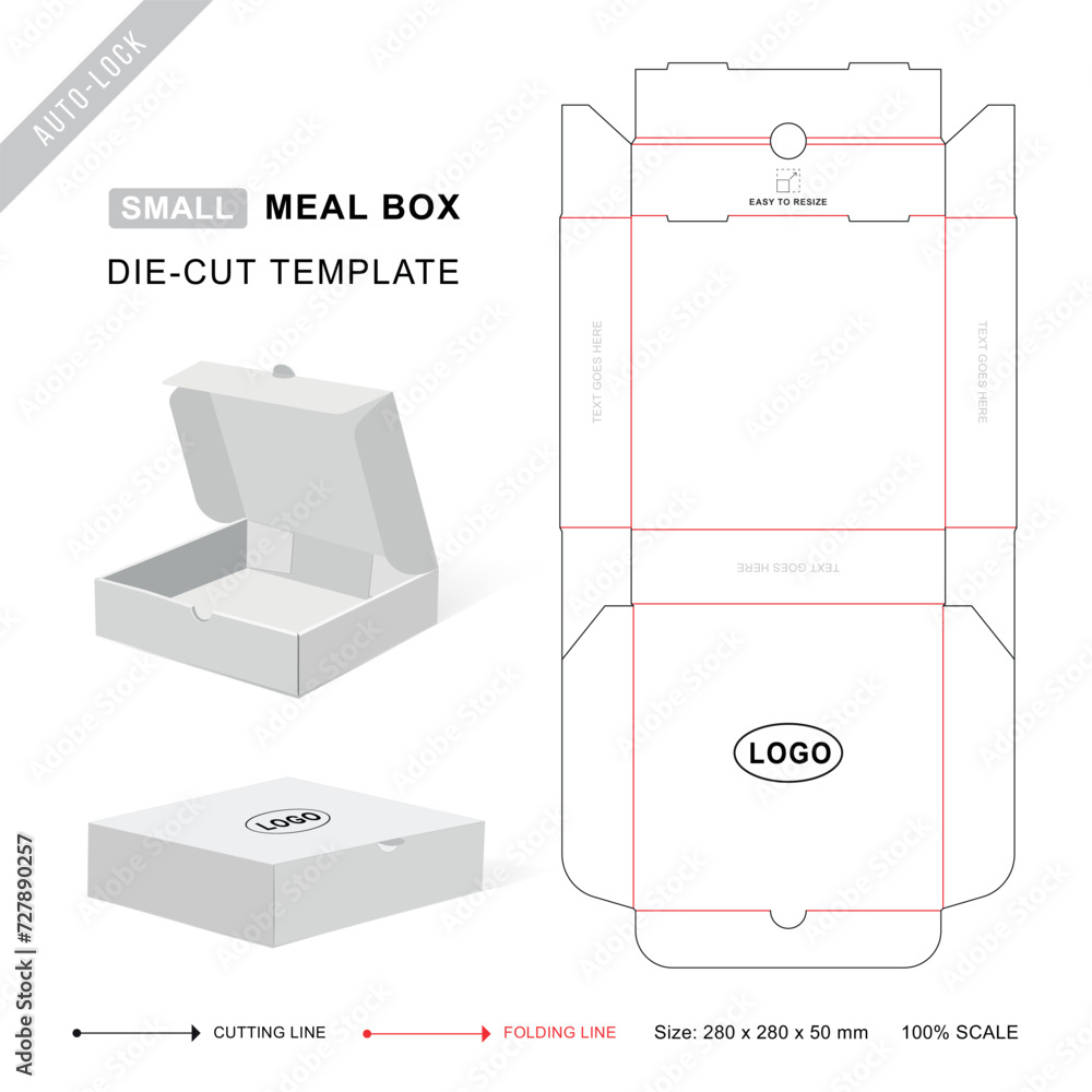 Meal box die cut template small size with 3D blank vector mockup for ...
