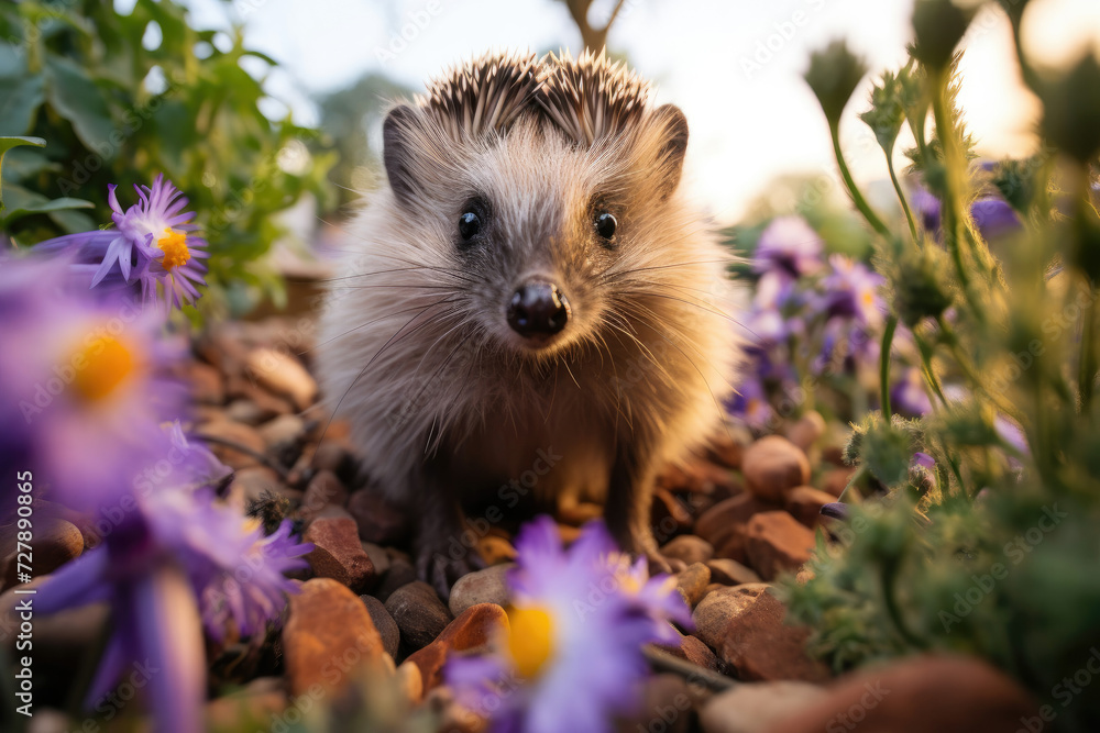 Cute hedgehog amidst purple flowers and pebbles outdoors forging a ...