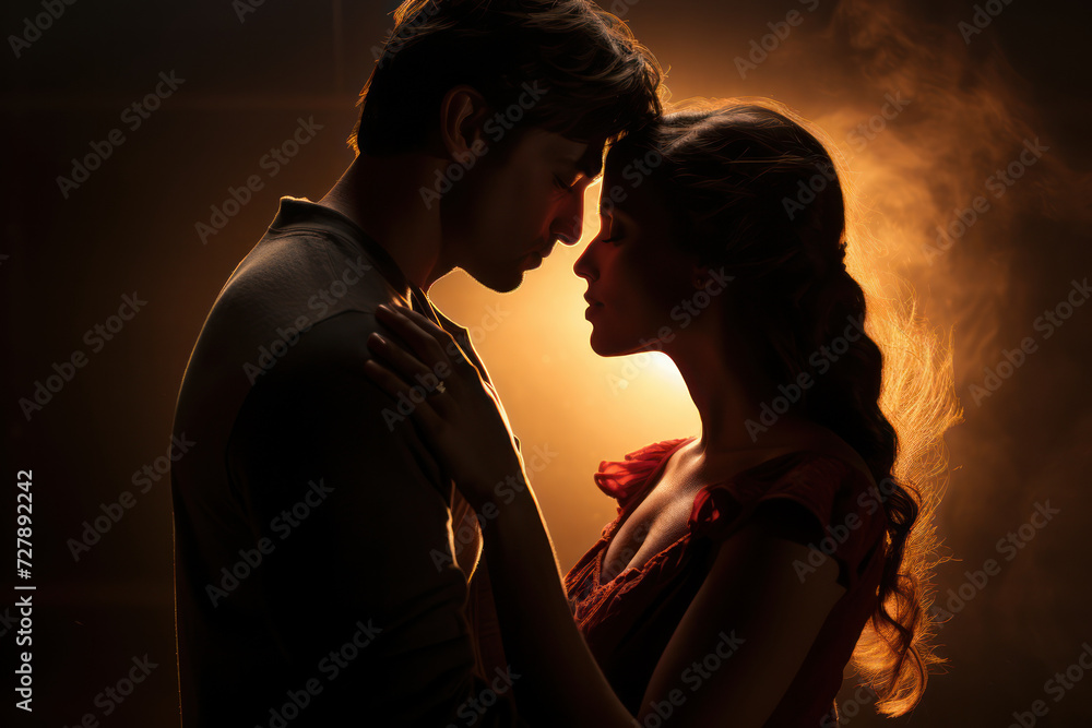 A young couple embraces passionately, their silhouettes against a ...