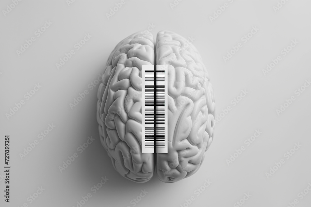 Top view of white dummy brain with barcode. Digitalization of data and ...