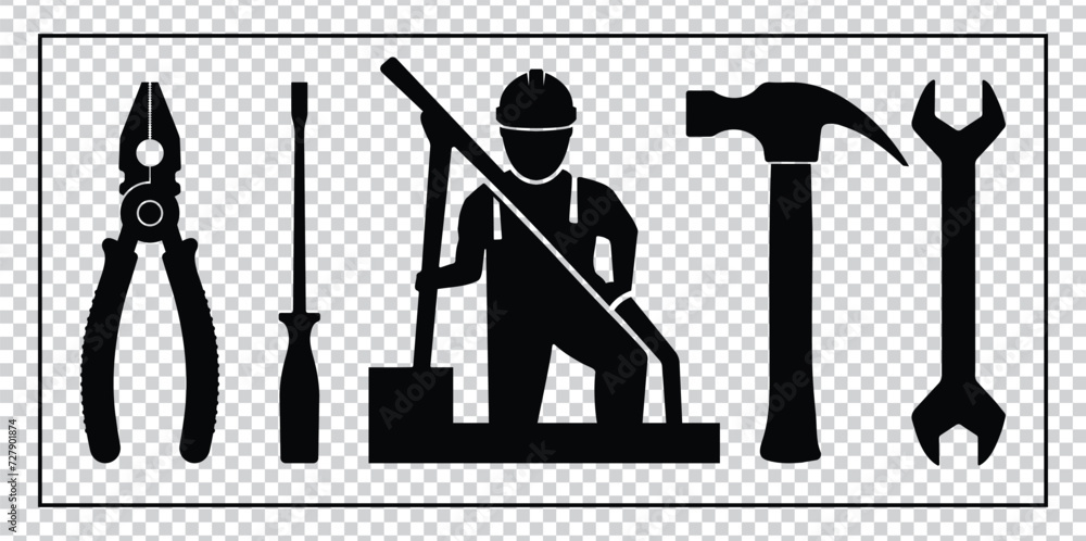 Work tools silhouette around the worker model vector. Stock Vector ...