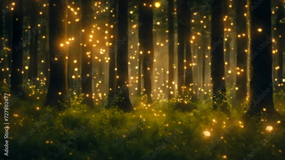 Beautiful fairy-tale dense forest with burning fireflies in the ...