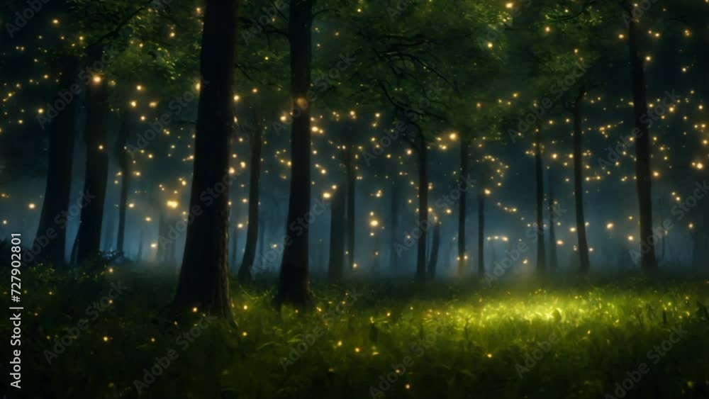 Beautiful fairy-tale dense forest with burning fireflies in the ...