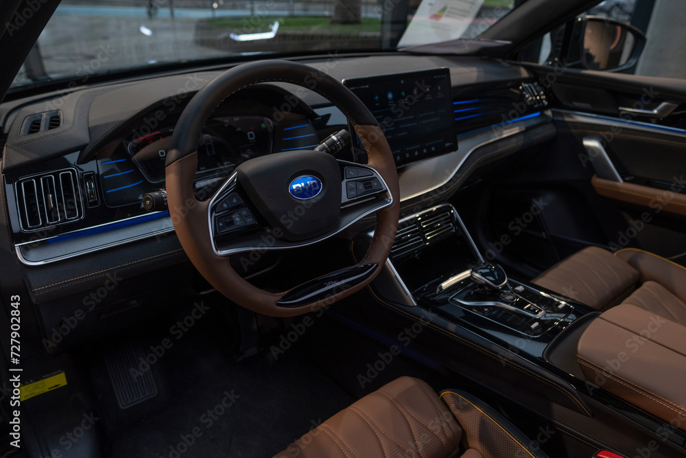 steering wheel, display electric BYD Tang car, Interior, cockpit ...