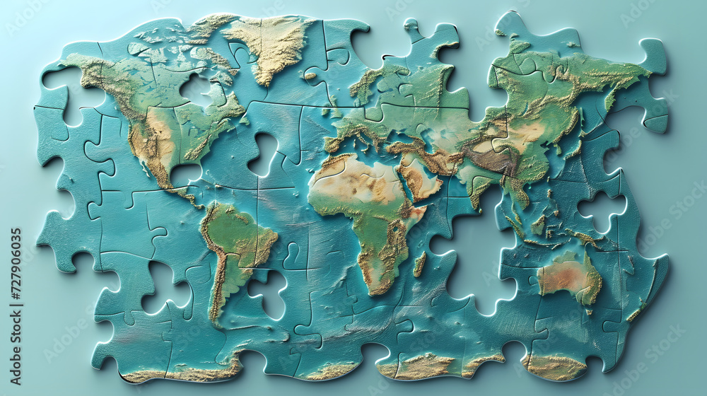 A partially assembled puzzle with a world map design on a cohesive blue ...