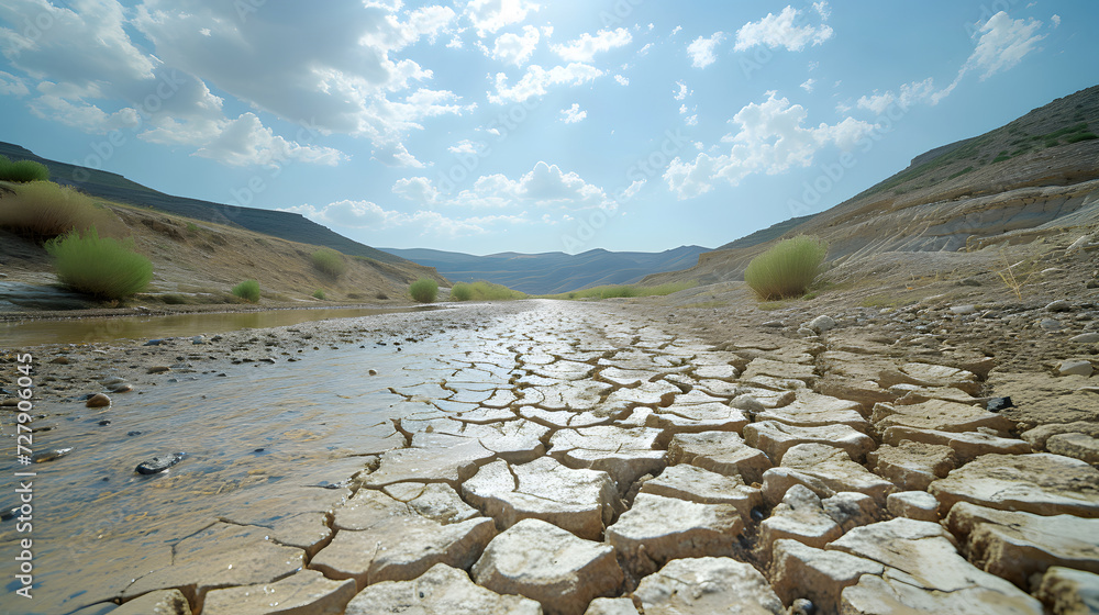 A dry riverbed with a network of cracks in the mud, flanked by sparse ...