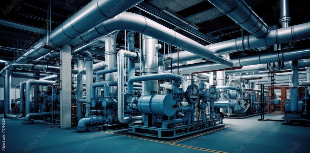 Interior of hydrogen production and processing plant, large storage ...