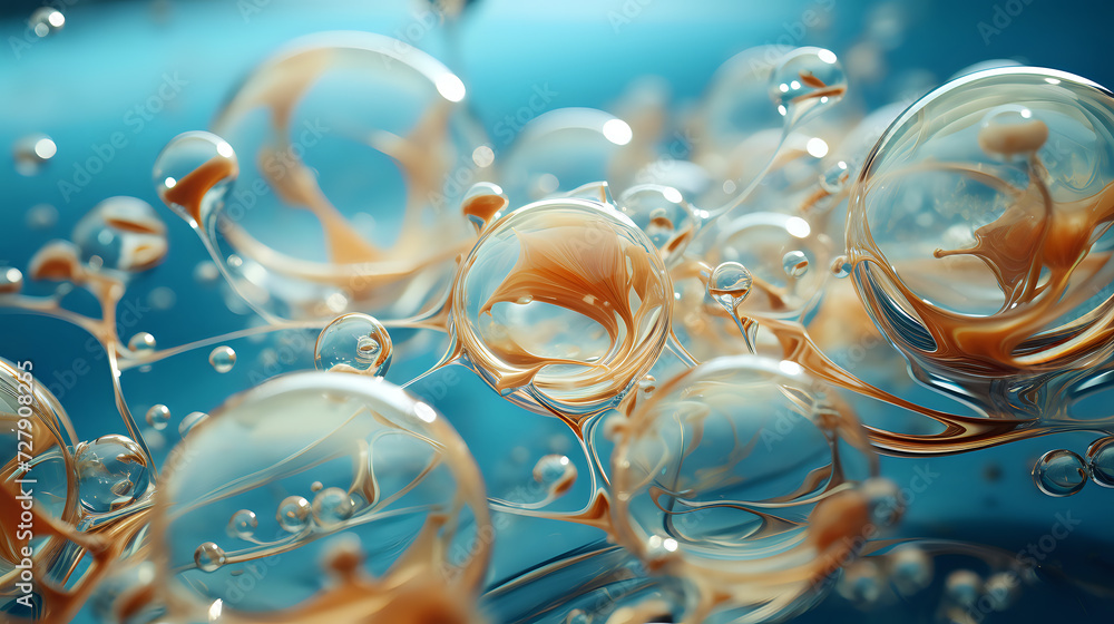 Abstract Swirls and Bubbles in Amber and Blue Abstract composition of ...
