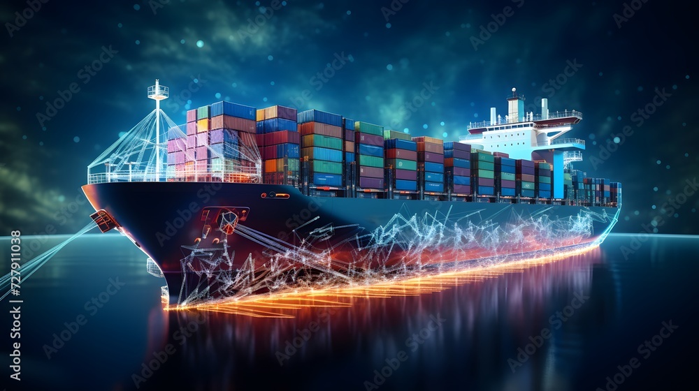 Container ship and the hologram of world map of international supply ...