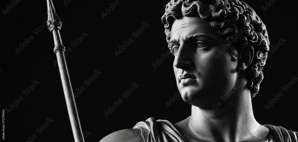 Portrait of a plaster statue of Apollo isolated on black. Gypsum statue ...