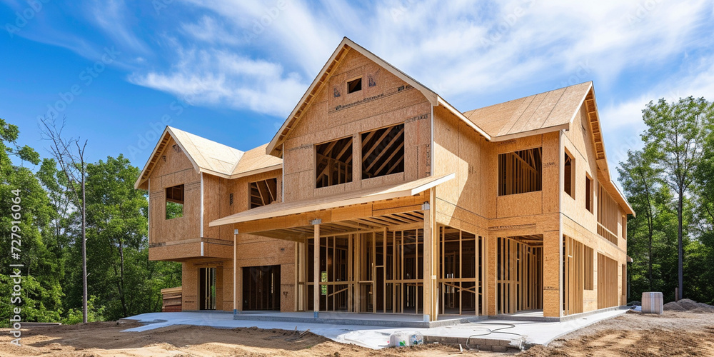 Building of New Home Construction exterior wood frame and beam ...