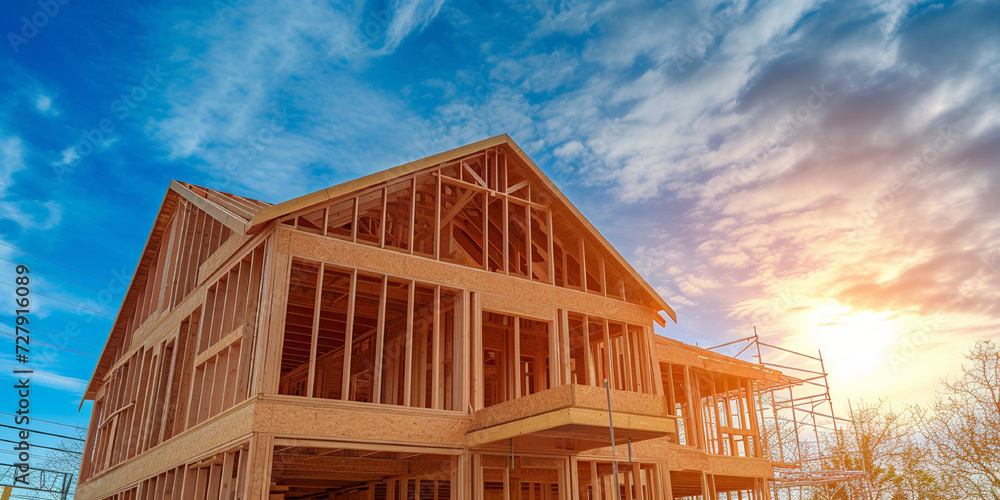 Building of New Home Construction exterior wood frame and beam ...
