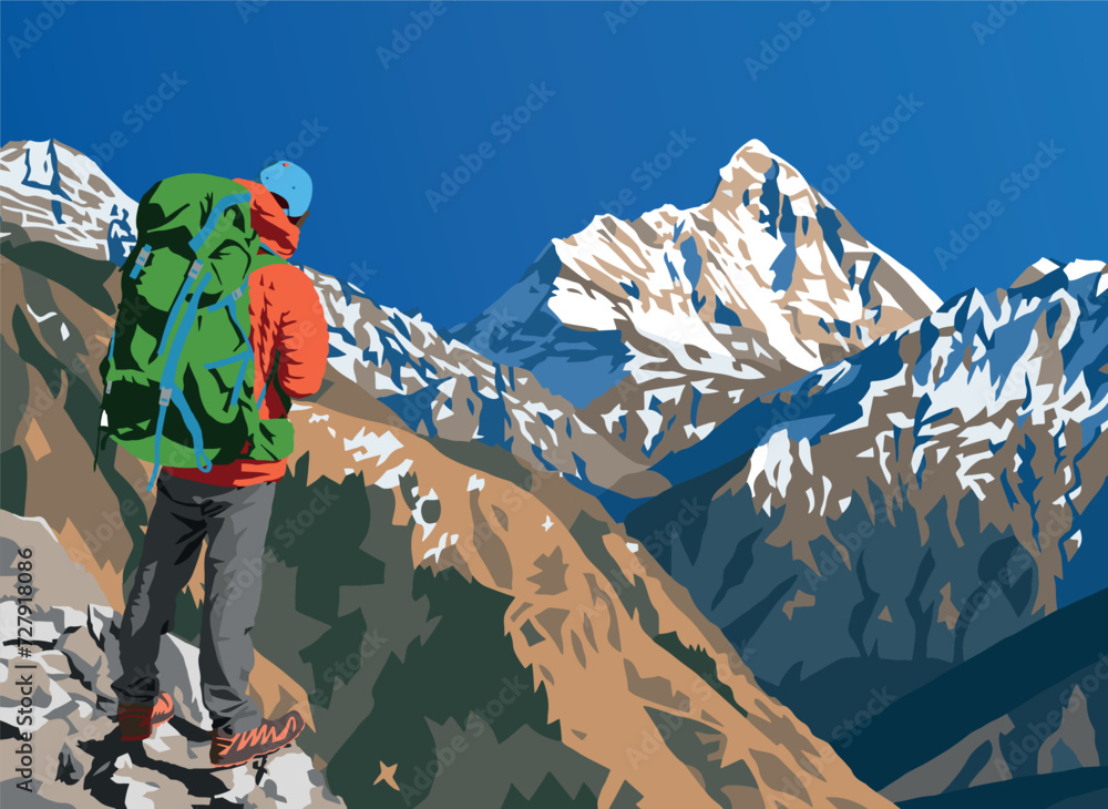 mount Nanda Devi vector illustration with hiker, one of the best mounts ...
