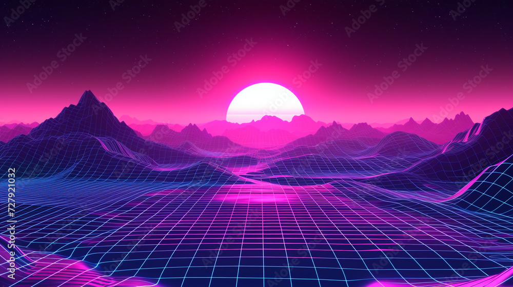 Retro futuristic 80's synthwave landscape and sunset background ...