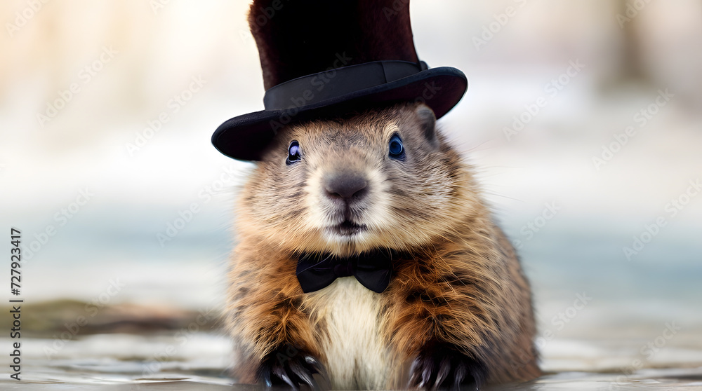 Happy Groundhog day, Fabulous cute alert groundhog wearing a top hat. A ...