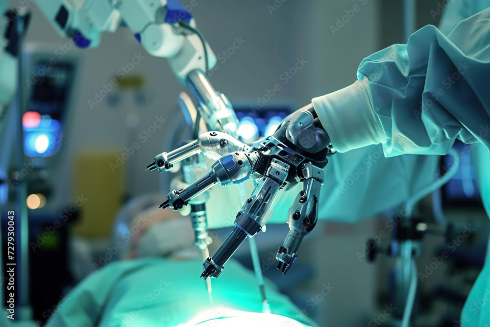 A futuristic medical setting where a surgeon is performing a bionic ...