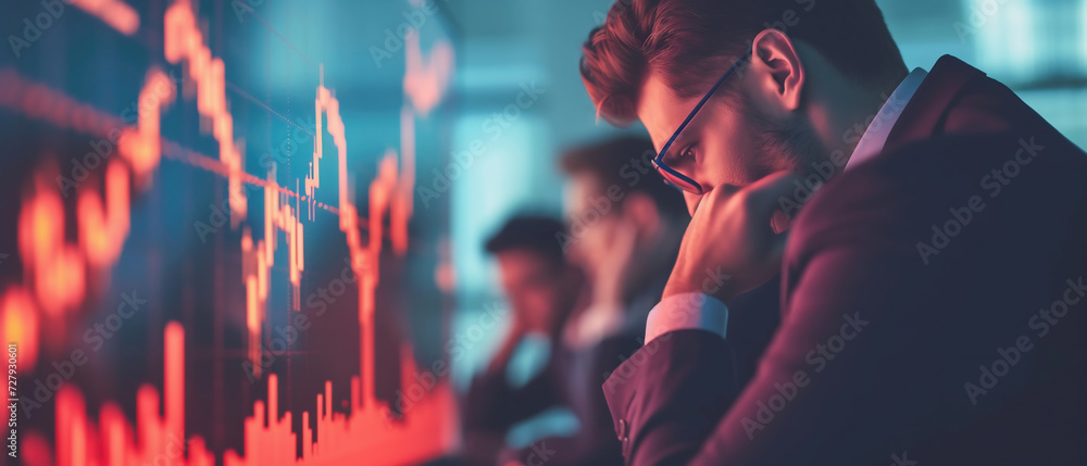 Virtual stock chart with a downtrend. A group of sad businessmen ...