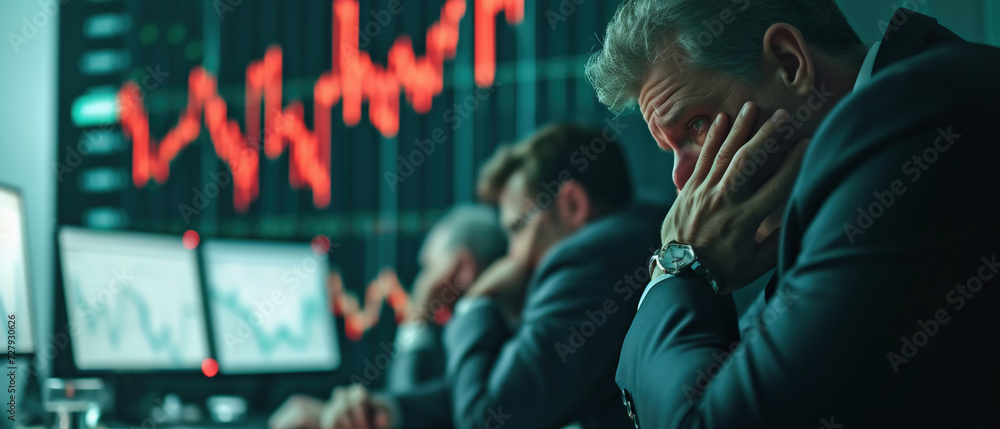 Virtual stock chart with a downtrend. A group of sad businessmen ...