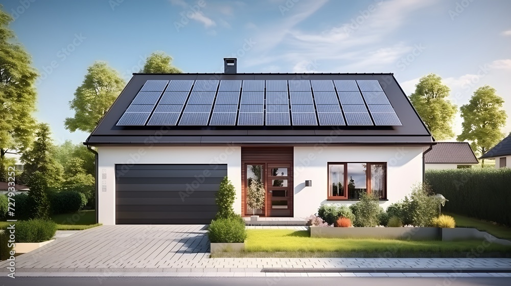 New suburban house with a photovoltaic system on the roof. Modern eco ...