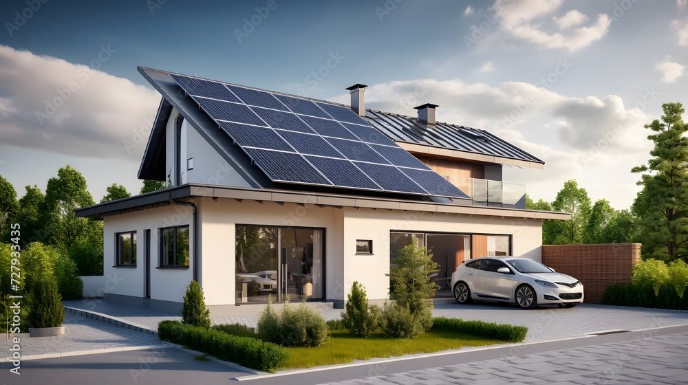 Foto de New suburban house with a photovoltaic system on the roof ...
