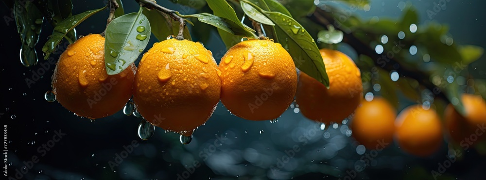 An inviting close-up perspective of oranges on the tree, highlighting ...