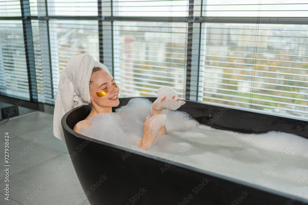 Spa Relaxation Young Woman Lying In Bath With Foam Bubbles Girl