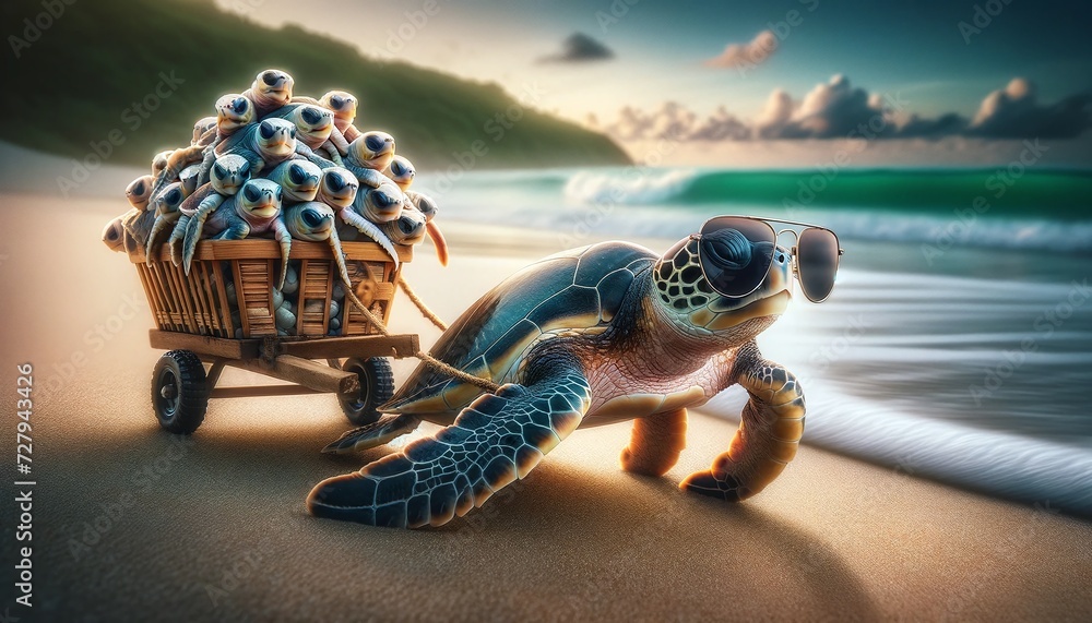 Sea Turtle's Hatchling Guide: Sunglasses and Wagon Journey Symbolizing ...